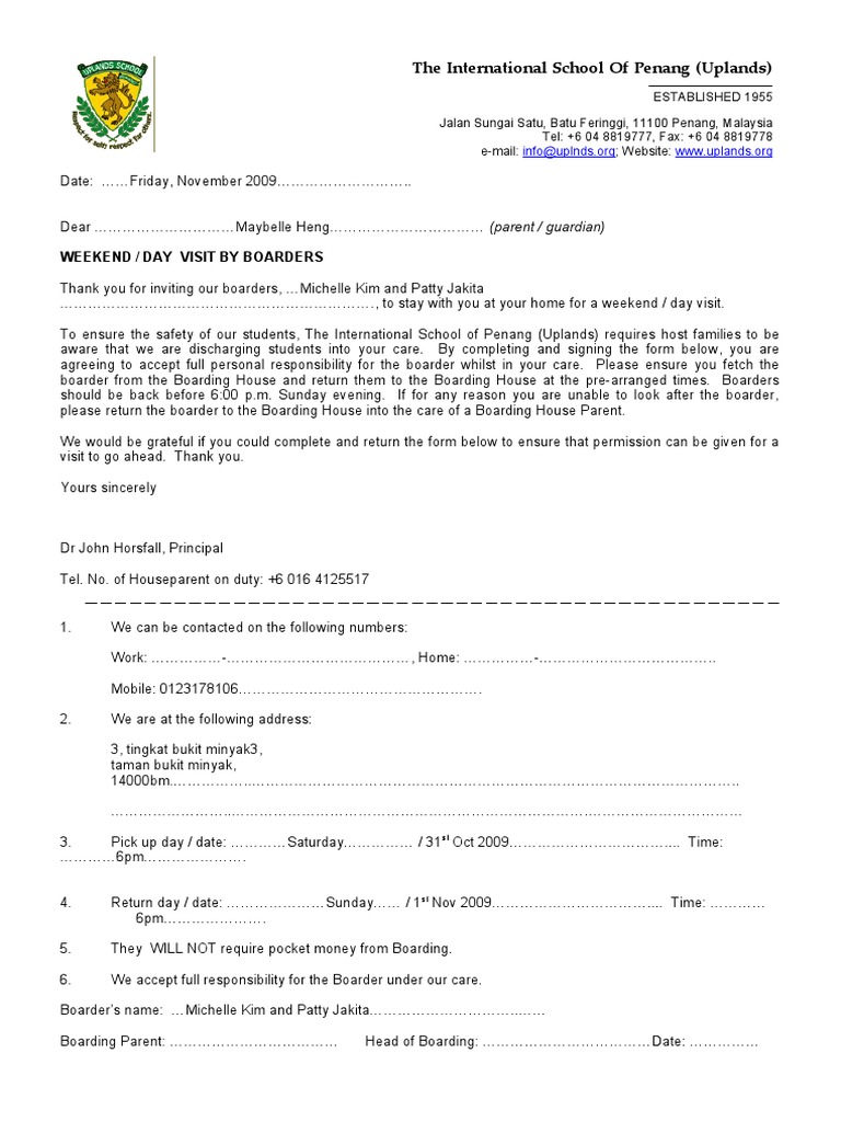 Weekend Signout Form-Boarder | PDF | Boarding School | Schools