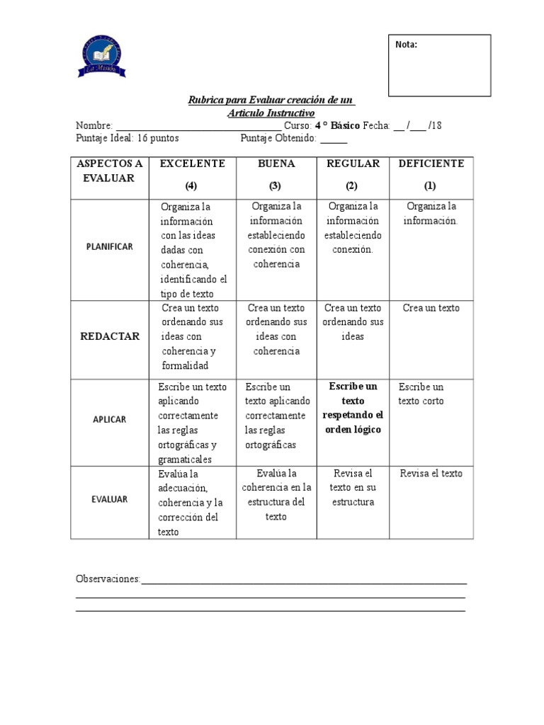 Rubrica Para Texto Informativo Instructivo