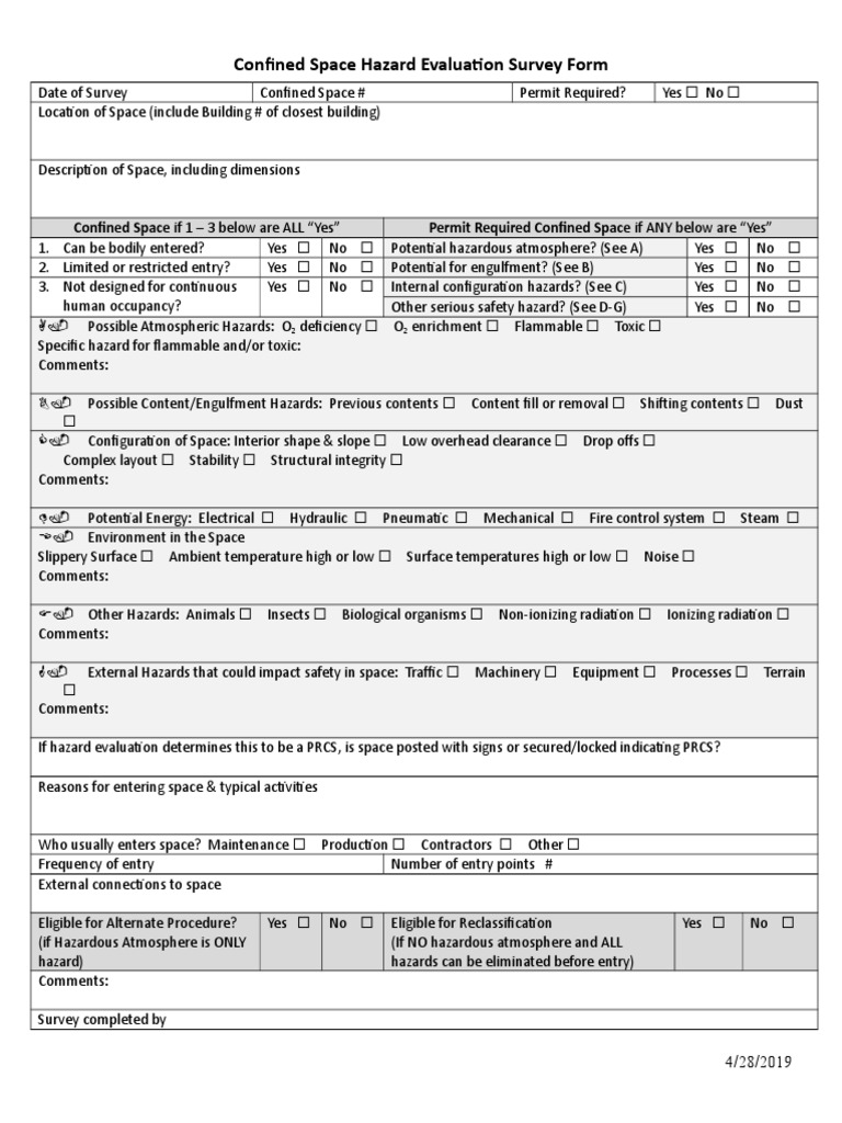 Confined Space Hazard Evaluation Survey Form | PDF | Hazards | Safety