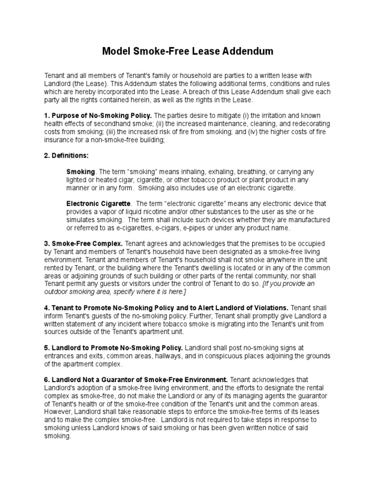 Model Smoke-Free Lease Addendum: Outdoor Smoking Area, Specify Where It ...