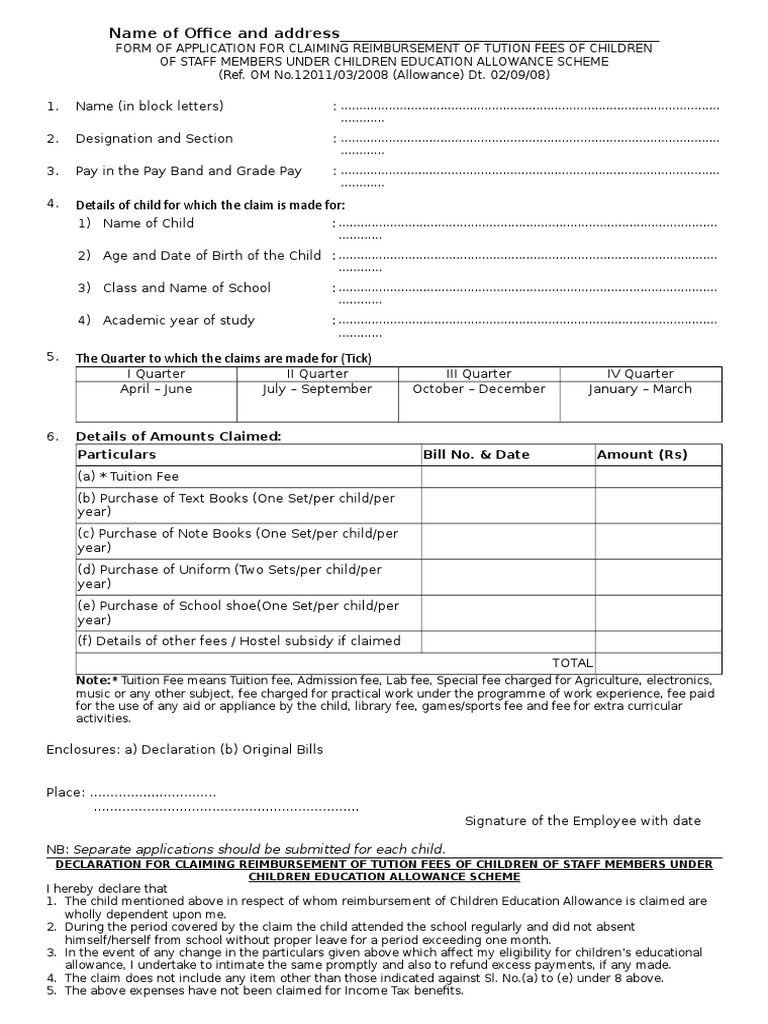 Children Education Allowance Form Word | PDF | Fee | Tuition Payments