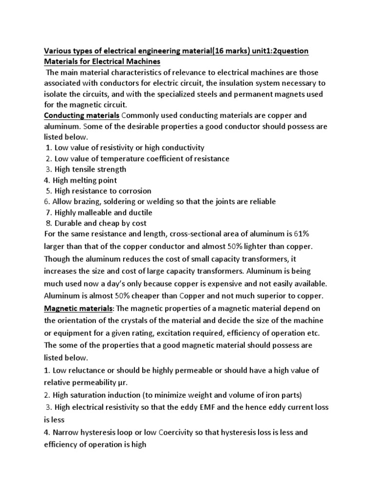 Various Types of Electrical Engineering Material (16 Marks) Unit1 ...