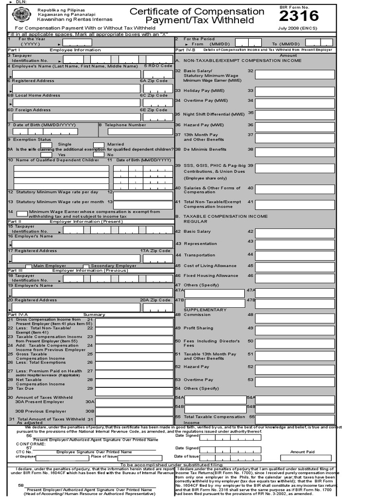 Bir Form 2316 | Download Free PDF | Income Tax | Wage