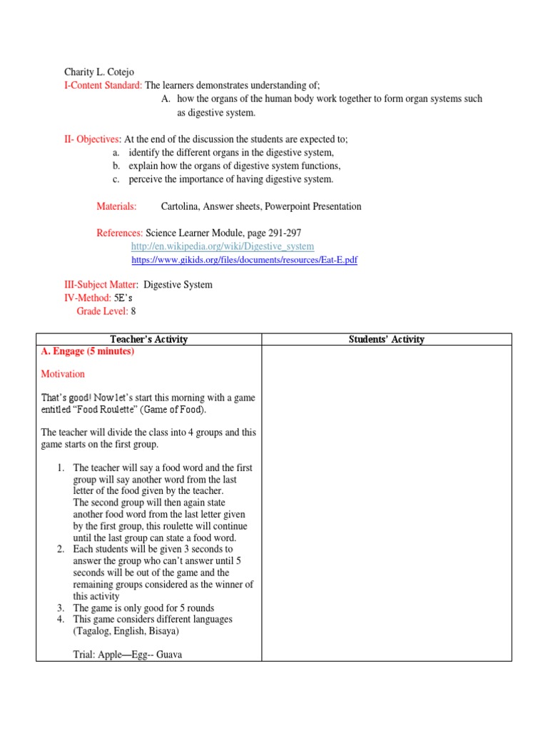 Digestive System Lesson Plan SC | Download Free PDF | Stomach | Human ...