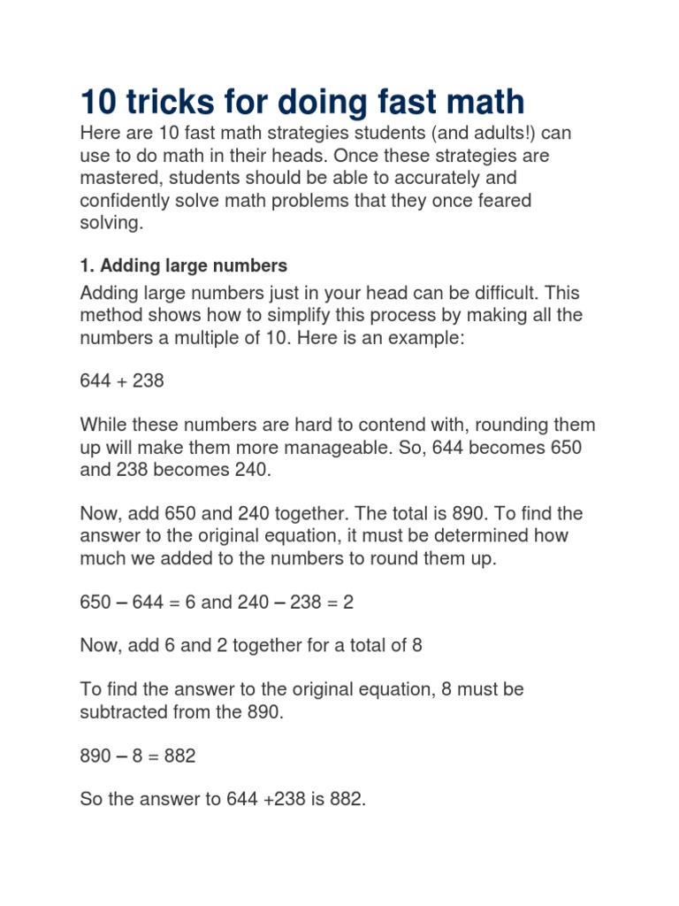 10 Tricks For Doing Fast Math: 1. Adding Large Numbers | PDF ...