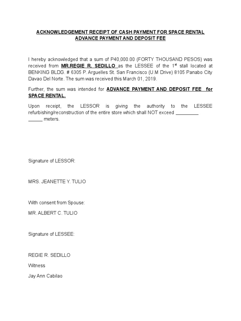 Acknowledgement Receipt for Rental Payment | PDF