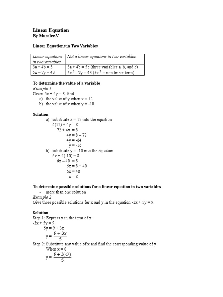 Linear Equation: by Muralee.V. Linear Equations in Two Variables ...