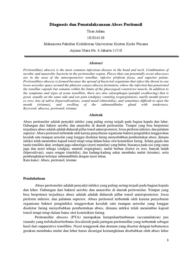 Diagnosis Dan Penatalaksanaan Abses Peritonsil | PDF | Kajian Bahasa ...