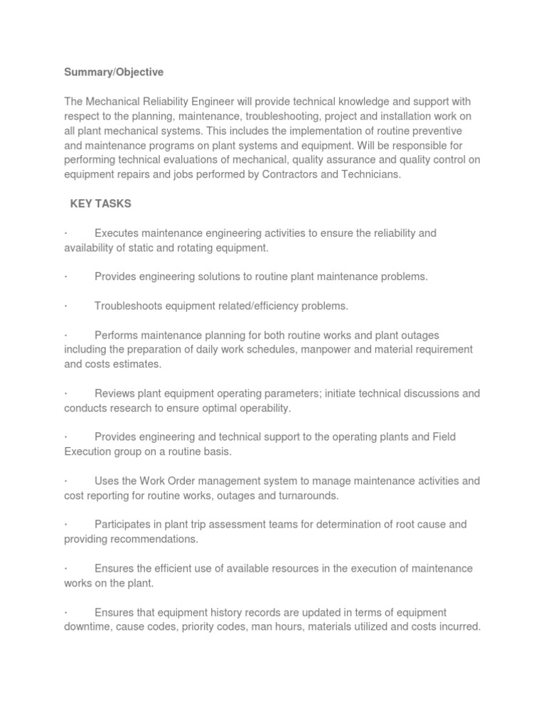 Mechanical Reliability Engineer Duties | PDF | Reliability Engineering ...