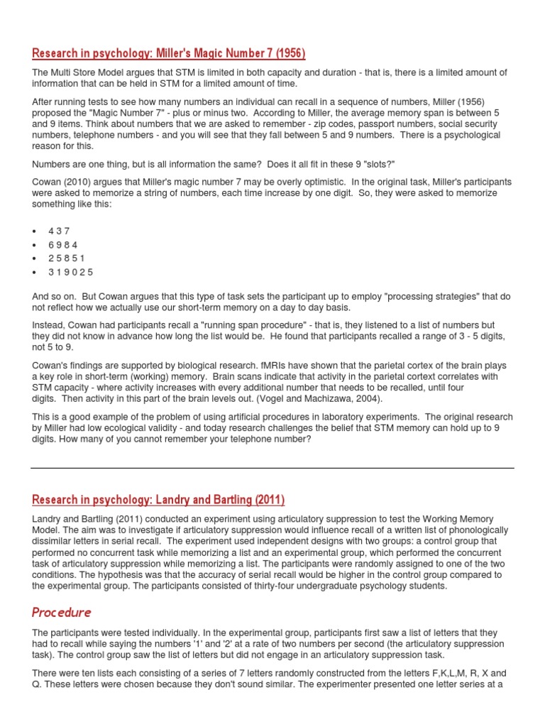 Miller S Magic Number 7 and More... | PDF | Memory | Experiment