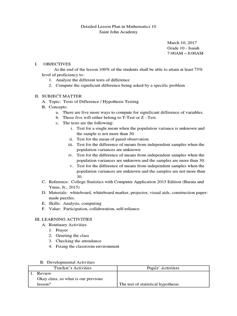 Detailed Lesson Plan in Mathematics 10 | PDF | Statistical Hypothesis ...