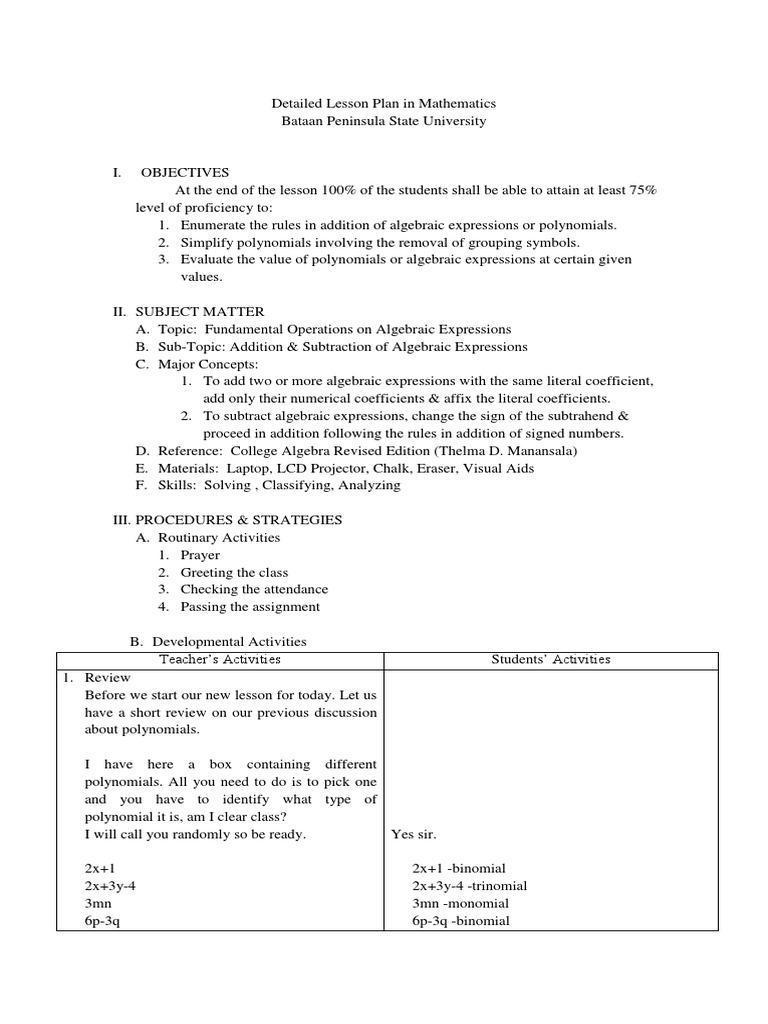 Detailed Lesson Plan in Mathematics (Algebra) | Polynomial | Equations