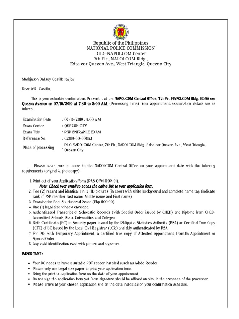 Confirm Napolcom Slip | PDF | Identity Document | Government And Personhood