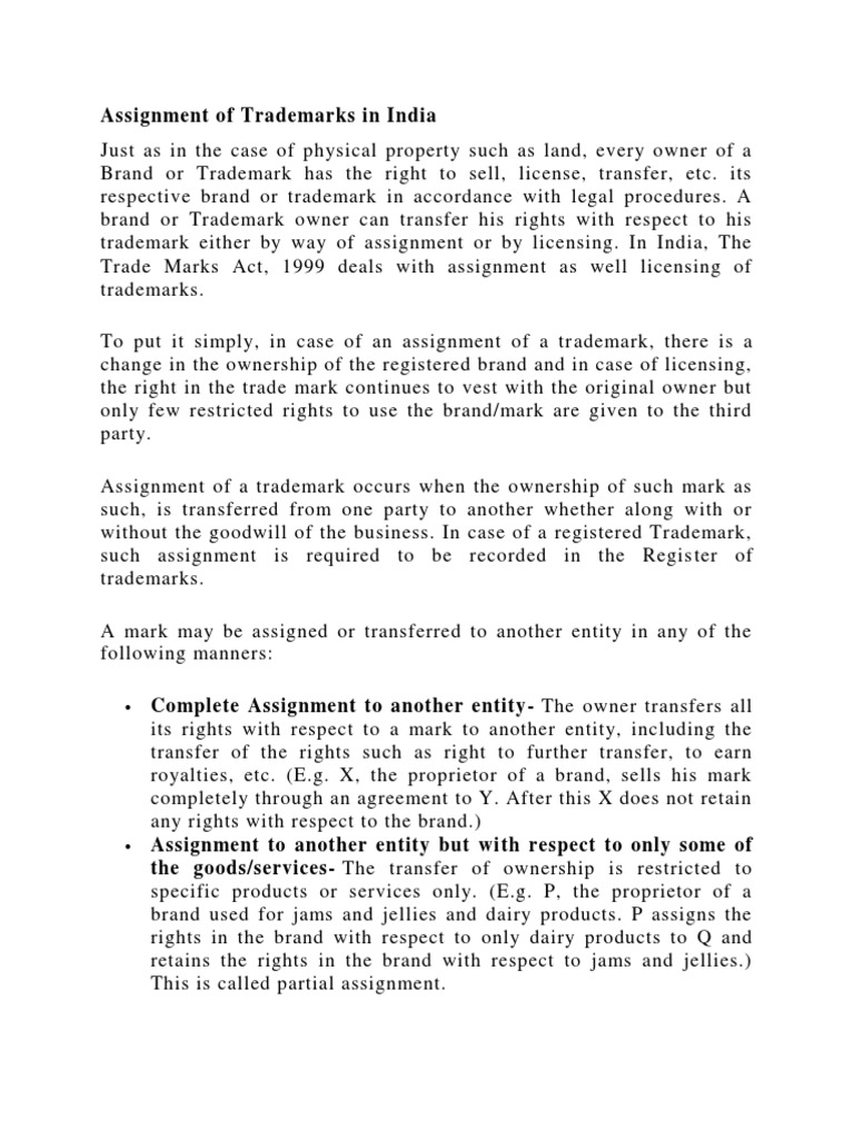 Assignment of Trademarks in India | Download Free PDF | Trademark | Ownership