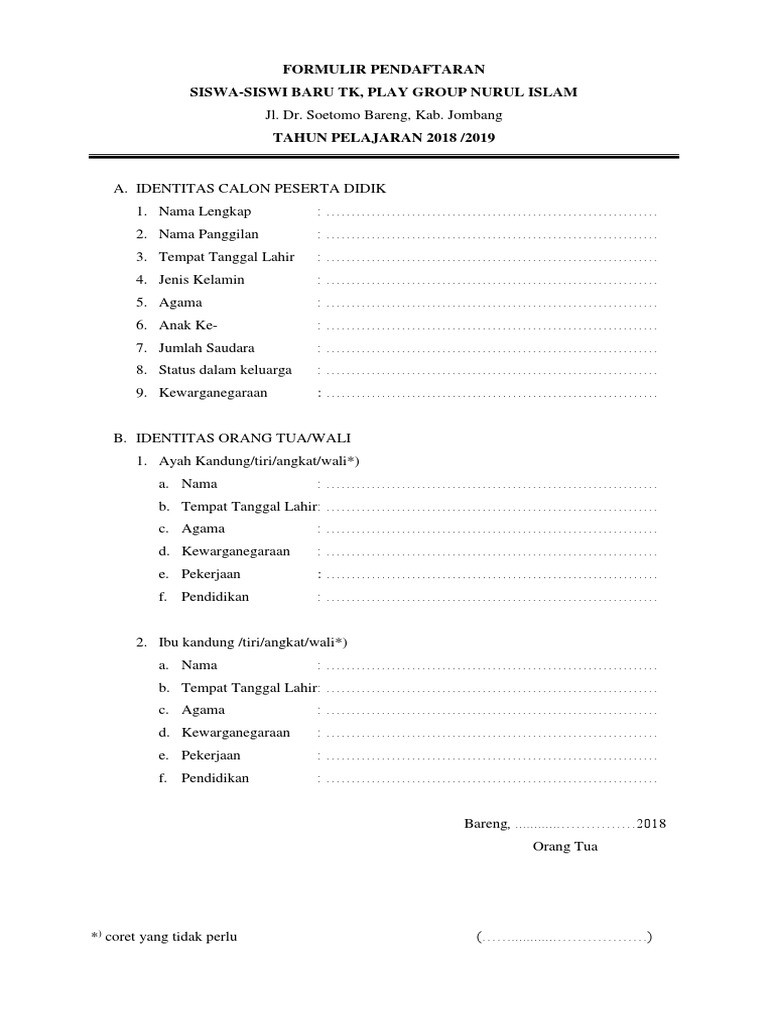 Formulir Pendaftaran Paud TK KB | PDF