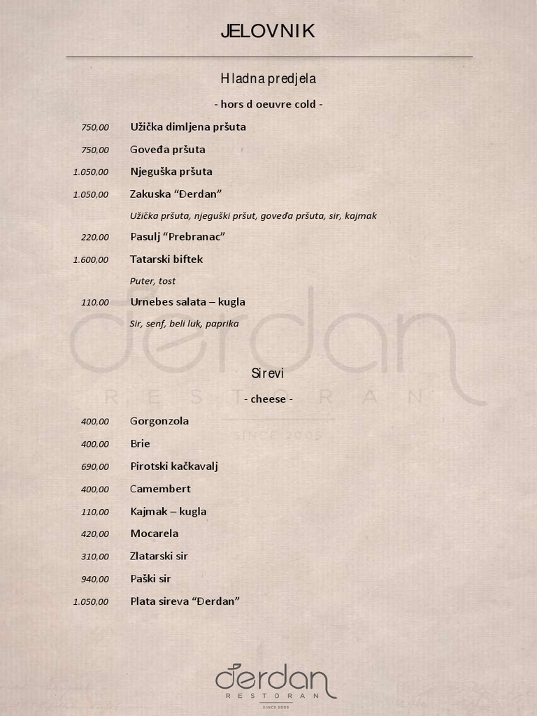 Jelovnik Restoran Djerdan | PDF