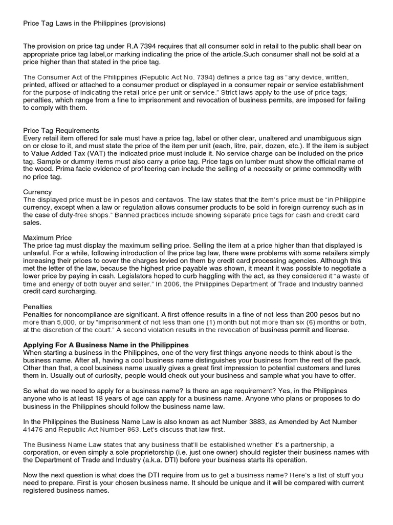 Price Tag Laws in the Philippines | Prices | Credit Card