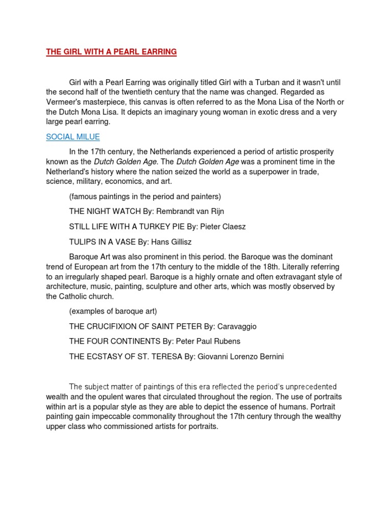 Girl With Pearl Earring Outline | PDF | Paintings | Art Media