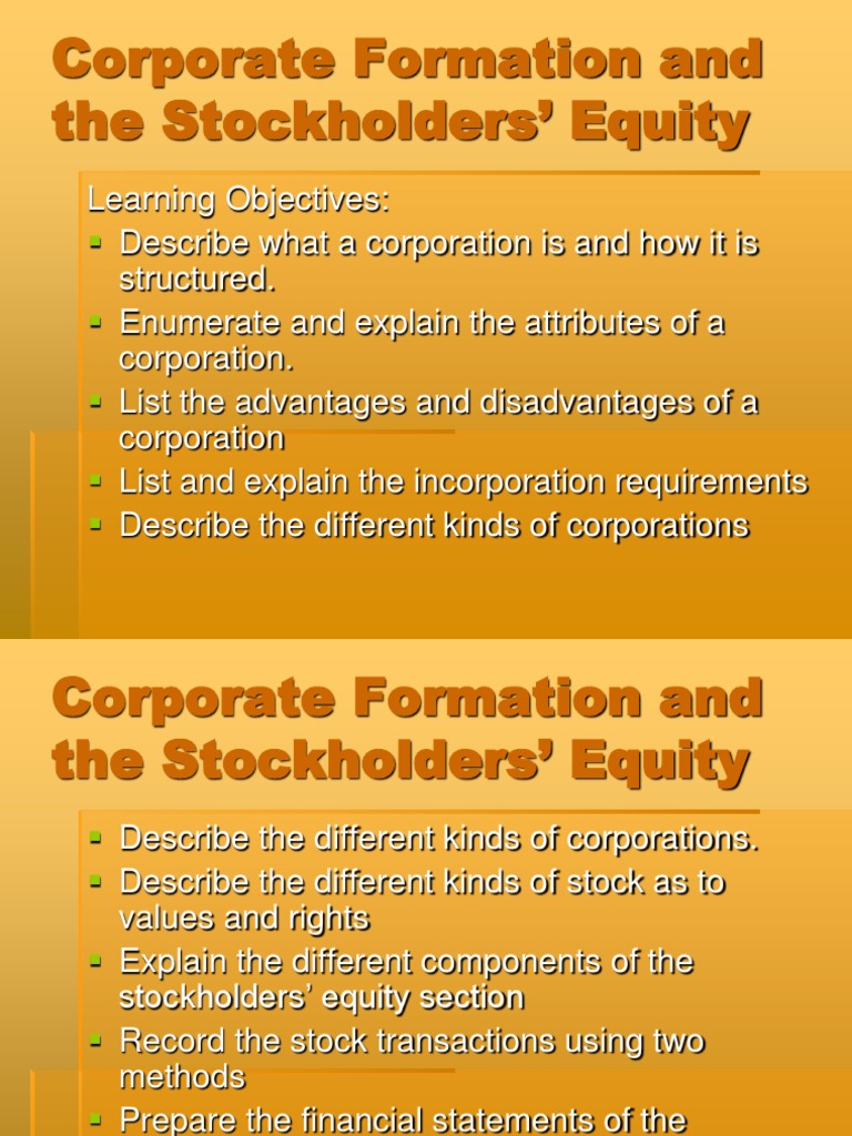 Corporate Formation and The Stockholders - Equity | PDF | Corporations ...