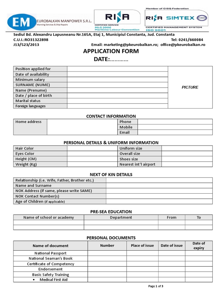 Eurobalkan Manpower-Application Form | PDF | Shipping | Water Transport