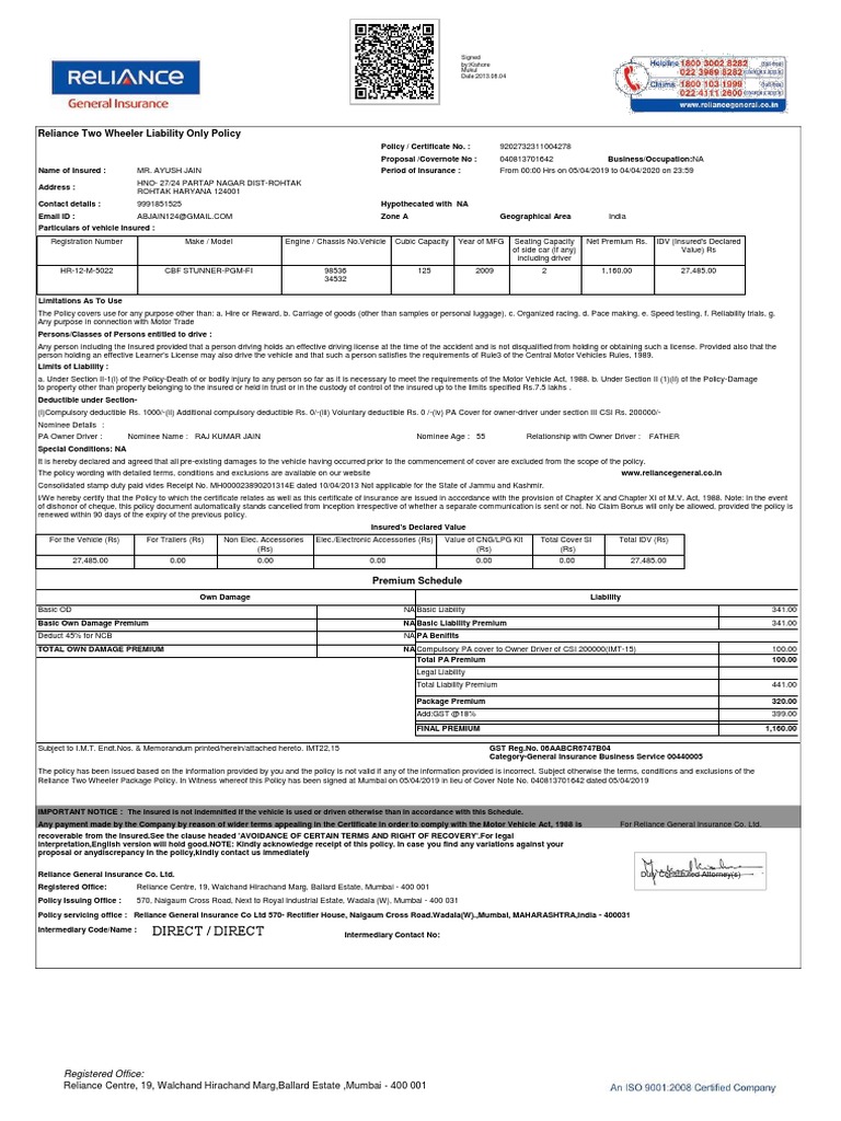 Direct / Direct: Reliance Two Wheeler Liability Only Policy | Download ...