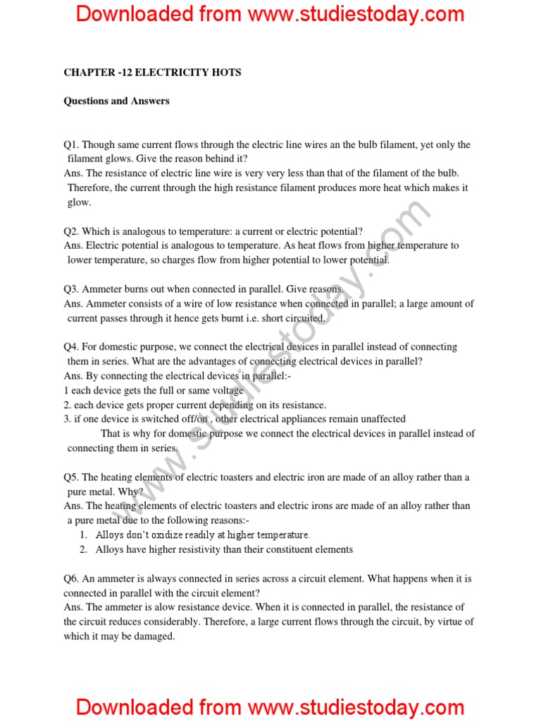Electricity HOTS Questions and Answers from www.studiestoday.com | PDF ...