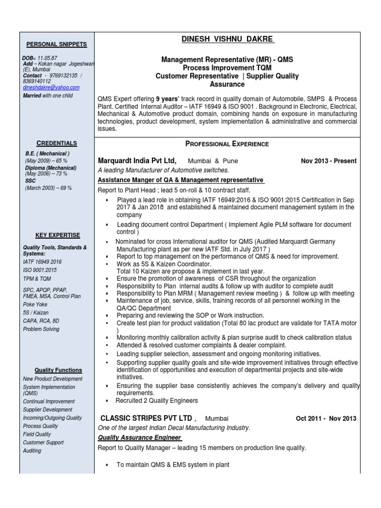 Management Representative (MR) - QMS Process Improvement TQM Customer ...