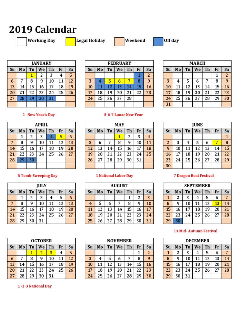 2019 Calendar: Working Day Legal Holiday Weekend Off Day | PDF ...