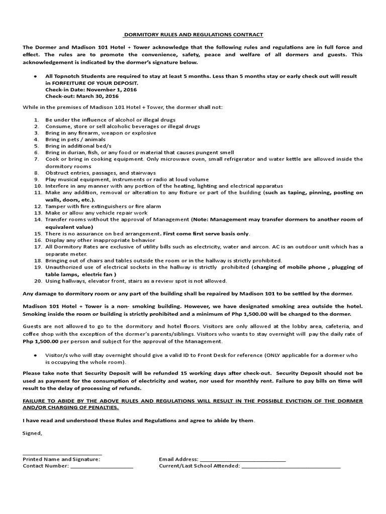 Dormitory Rules and Regulations Contract Revised v2 | PDF | Dormitory | Nature
