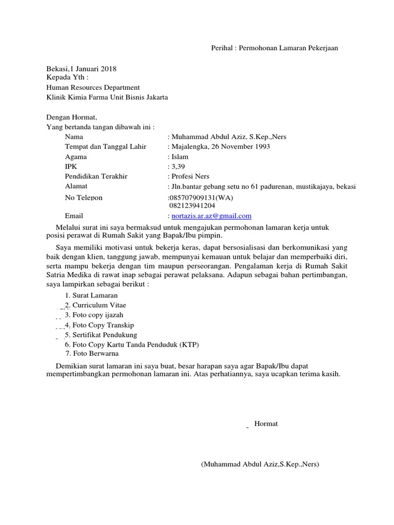 Surat Lamaran Pekerjaan Klinik Kimia Farma Pdf