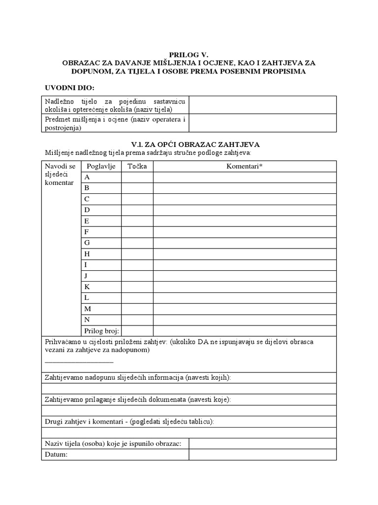 Prilog V - Obrazac Za Davanje Misljenja I Ocjene Kao I Zahtjeva Za ...