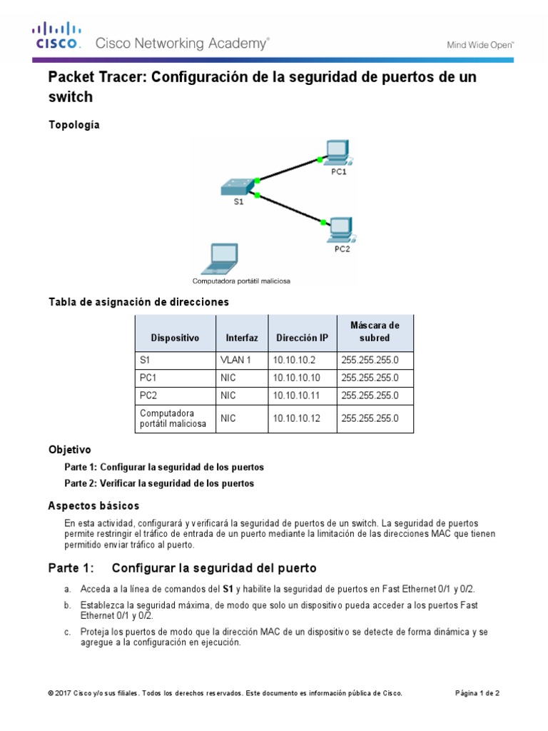 5.2.2.7 Packet Tracer - Configuring Switch Port Security Instructions ...
