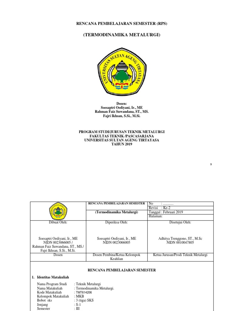 (Termodinamika Metalurgi) : Rencana Pembelajaran Semester (RPS) | PDF