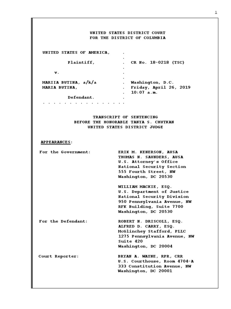 Maria (Mariia) Butina Transcript of Sentencing Hearing Dated April 26th ...