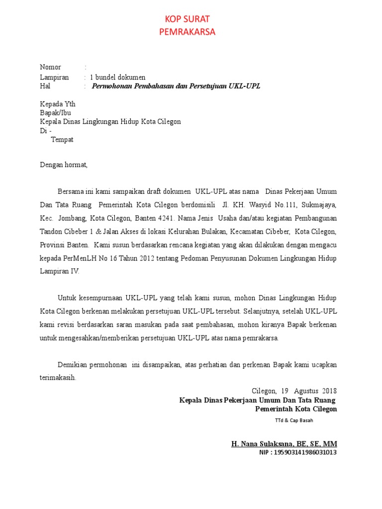 Surat Permohonan Pembahasan Dok Ukl-Upl | PDF