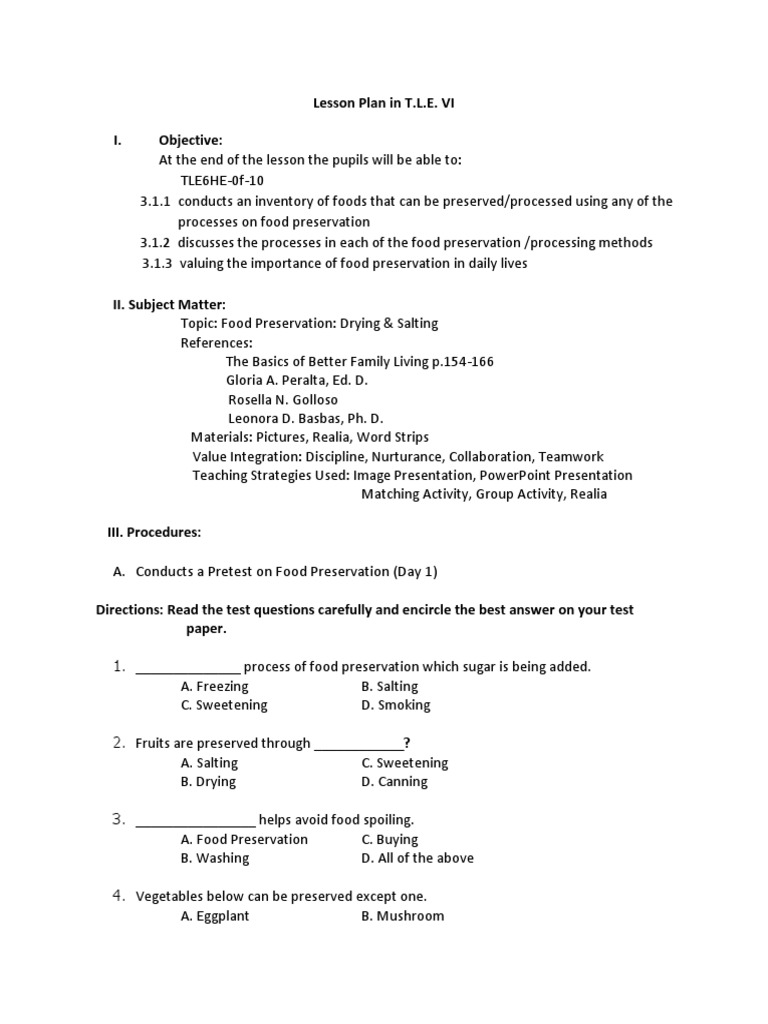 Assessment Lesson Plan | PDF | Food Preservation | Food Science