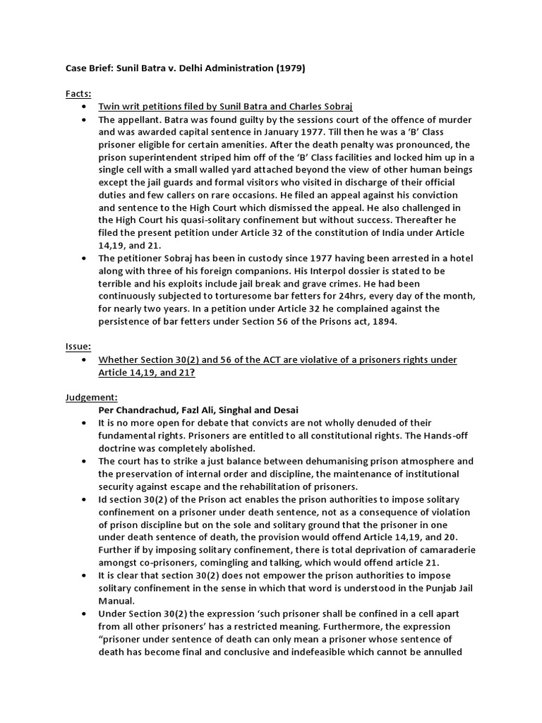 Case Brief Sunil Batra | PDF | Solitary Confinement | Prison