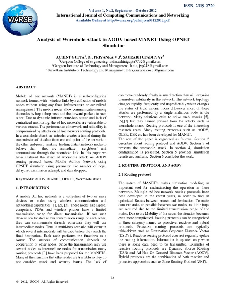 Analysis of Wormhole Attack in AODV Based MANET Using OPNET Simulator | PDF | Routing | Wireless ...