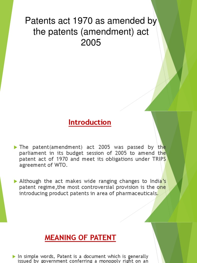 Patents Act 1970 As Amended by The Patents | PDF | Patent | Glossary Of Patent Law Terms