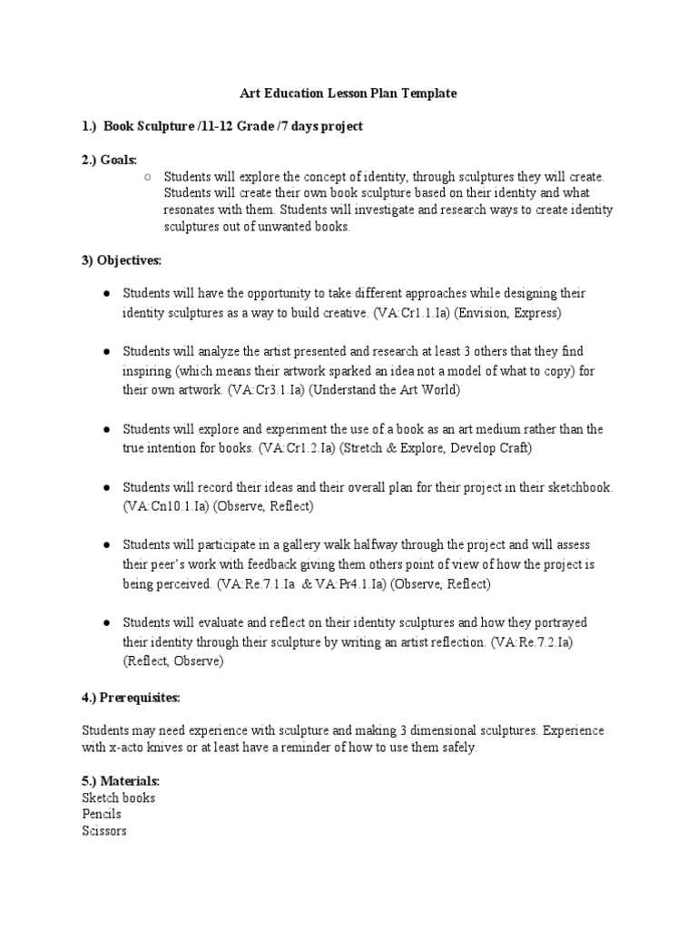 Art Education Lesson Plan Template 1.) Book Sculpture /11-12 Grade /7 ...
