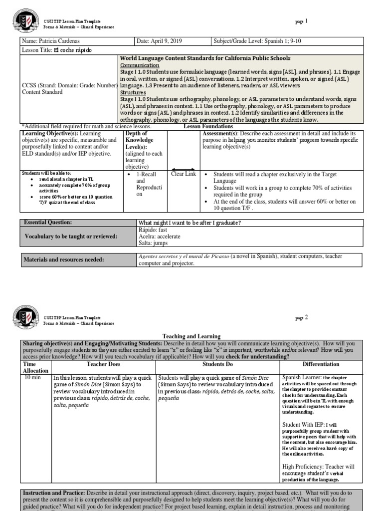 CGU TEP Lesson Plan Template Forms & Materials - Clinical Experience ...