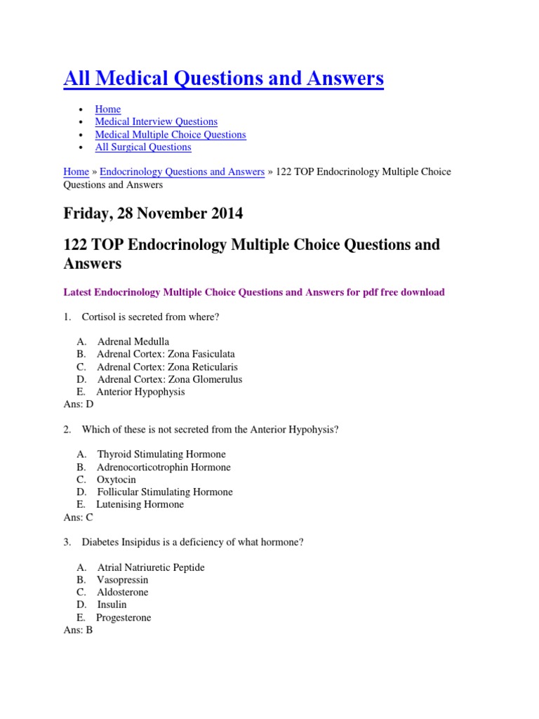 Endocrinology MCQs and Answers | PDF | Hypothyroidism | Thyroid ...