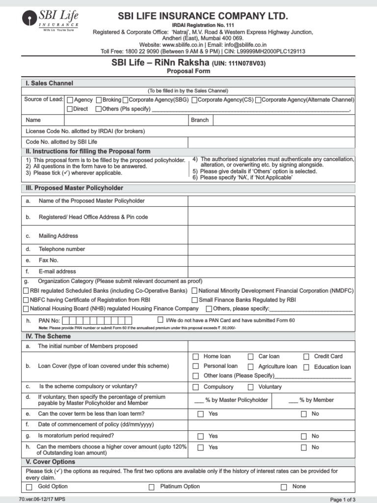 SBI Life RiNn Raksha Proposal Form | PDF | Insurance Policy | Insurance