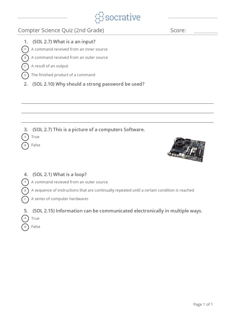 Compter Science Quiz (2nd Grade) Score:: A B C D | PDF