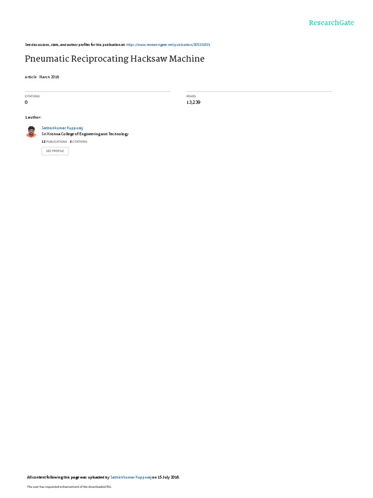 Pneumatic Reciprocating Hacksaw Machine: March 2016 | PDF | Valve | Piston