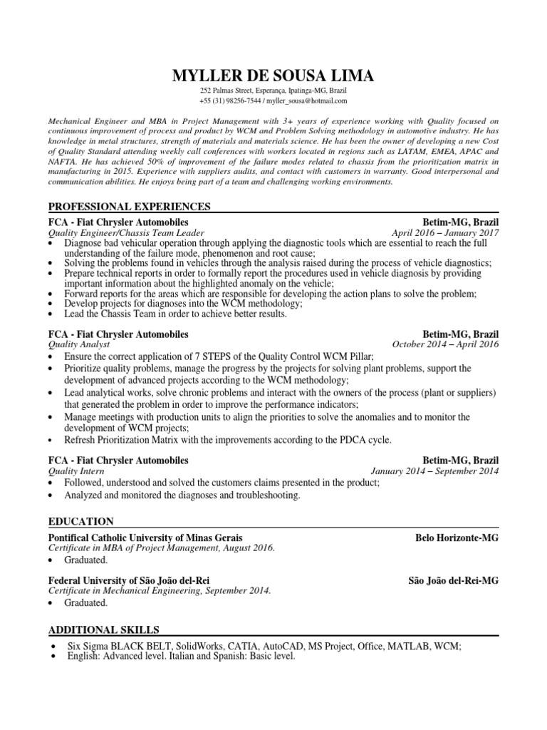 Resume - Myller de Sousa Lima | PDF | Engineering | Science And Technology