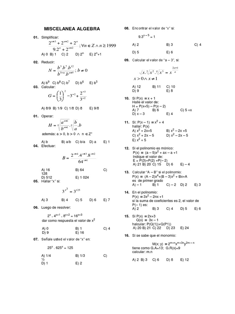 Miscelanea Algebra | PDF | Matemáticas Aplicadas | Álgebra