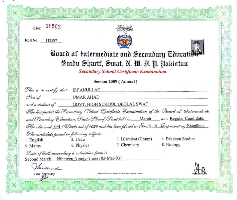 Matric Certificate | PDF
