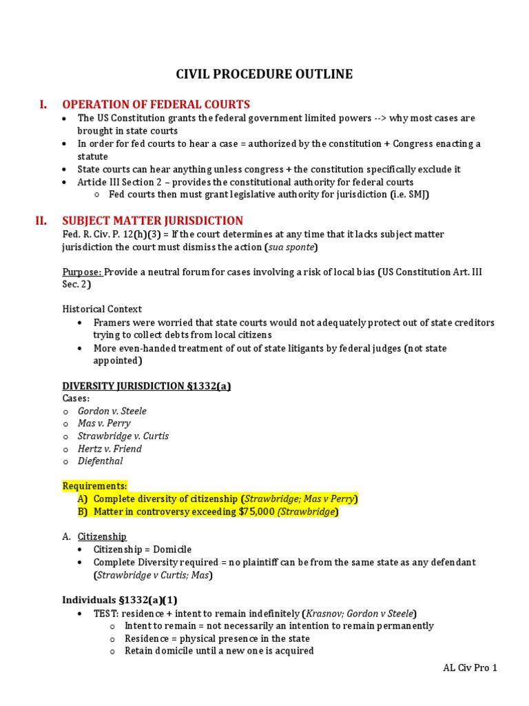 AL Civ Pro Outline | Download Free PDF | Diversity Jurisdiction ...