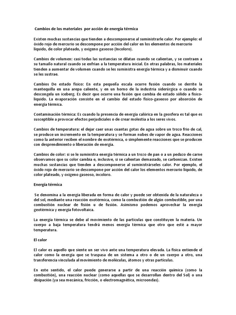 Cambios de Los Materiales Por Acción de Energía Térmica | PDF | Calor ...